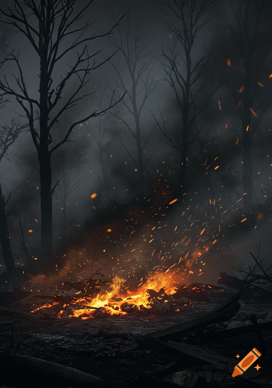 A dark, moody forest scene with a blazing fire, embers rising into ...