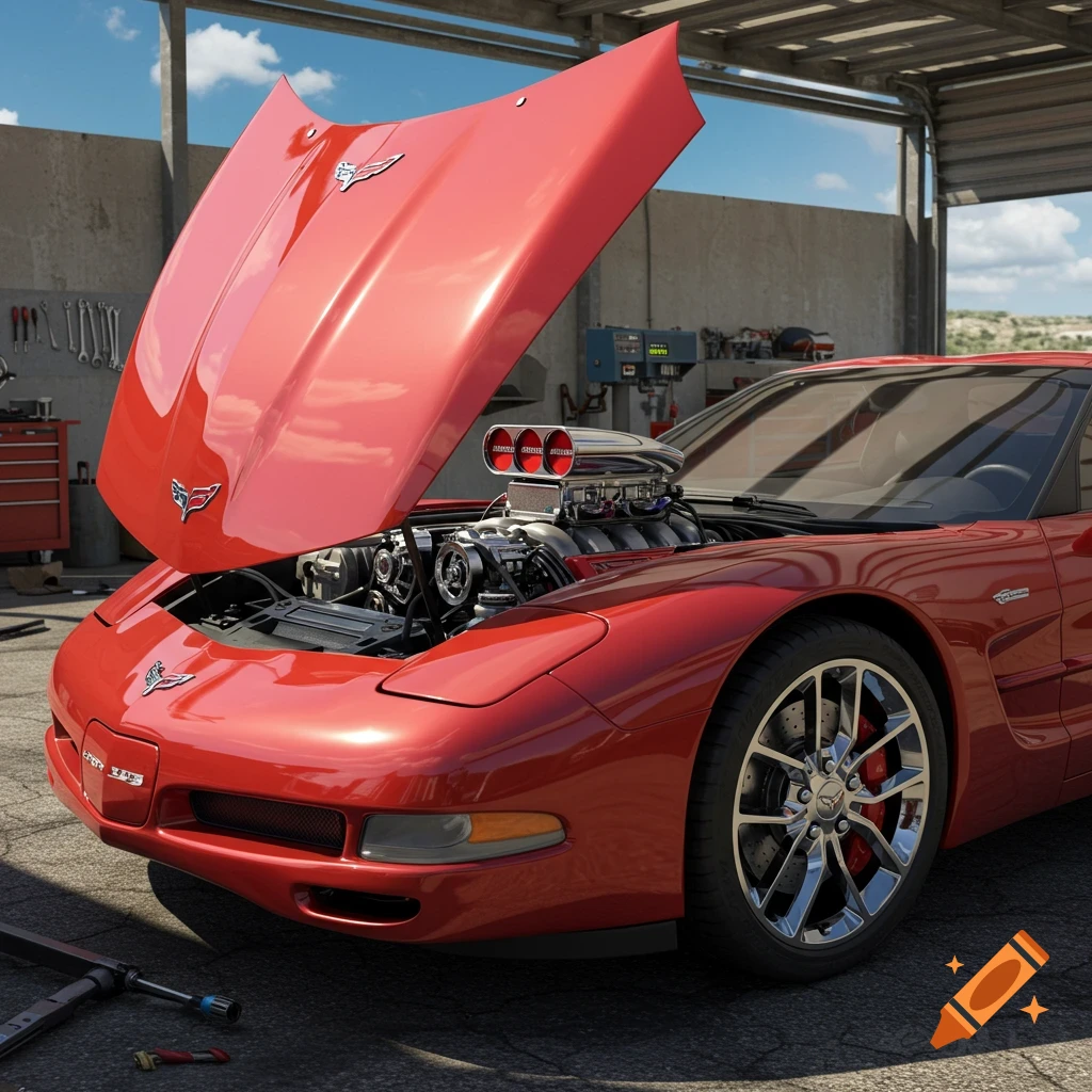 A red Corvette C5 with its hood open, revealing a customized V12 engine ...
