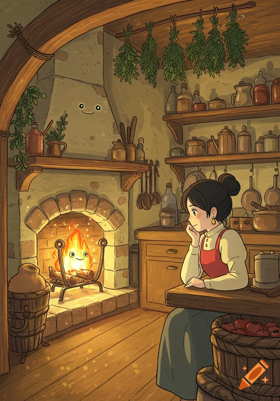 A girl in a Ghibli-style cozy kitchen with a friendly, glowing flame in ...