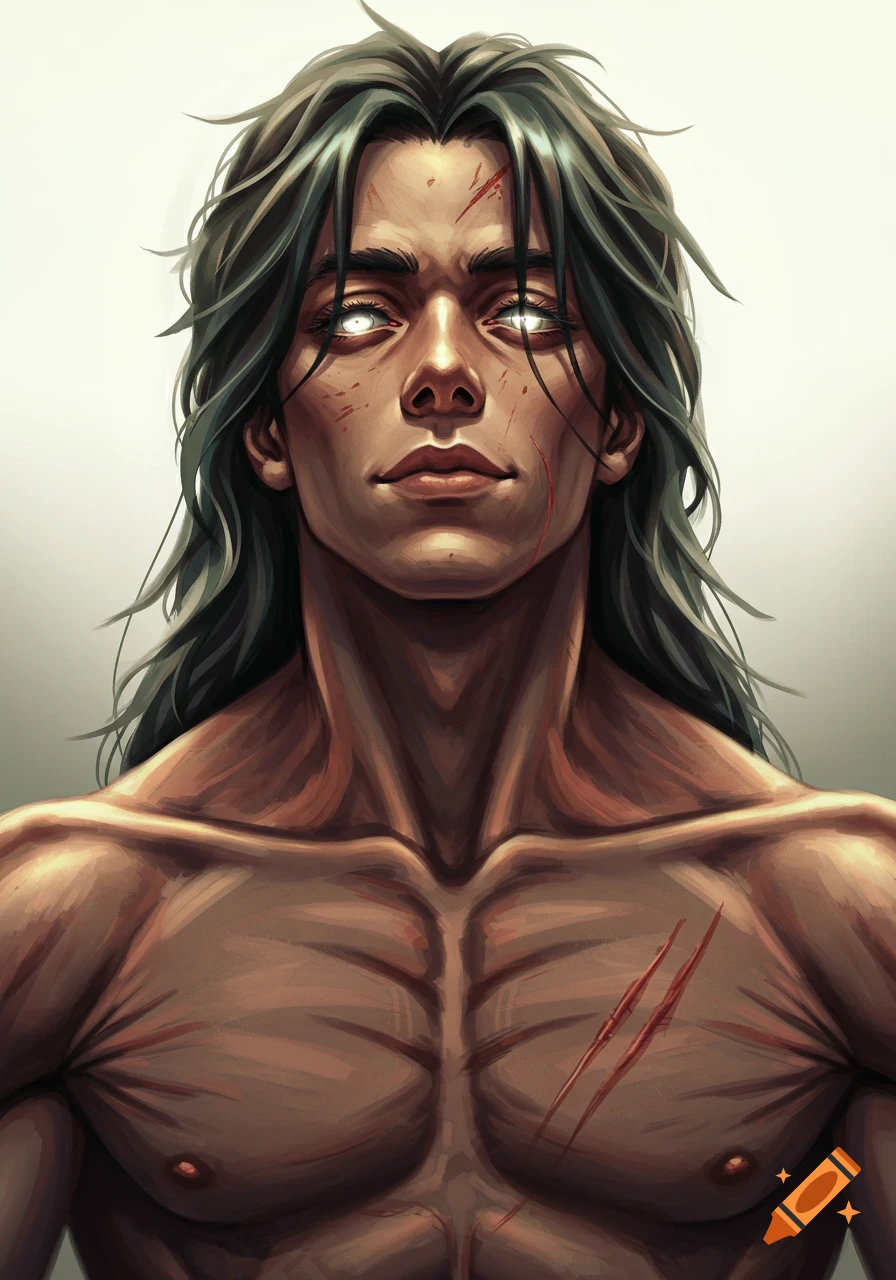 Close-up of a muscular man with long dark hair, glowing white eyes, and ...