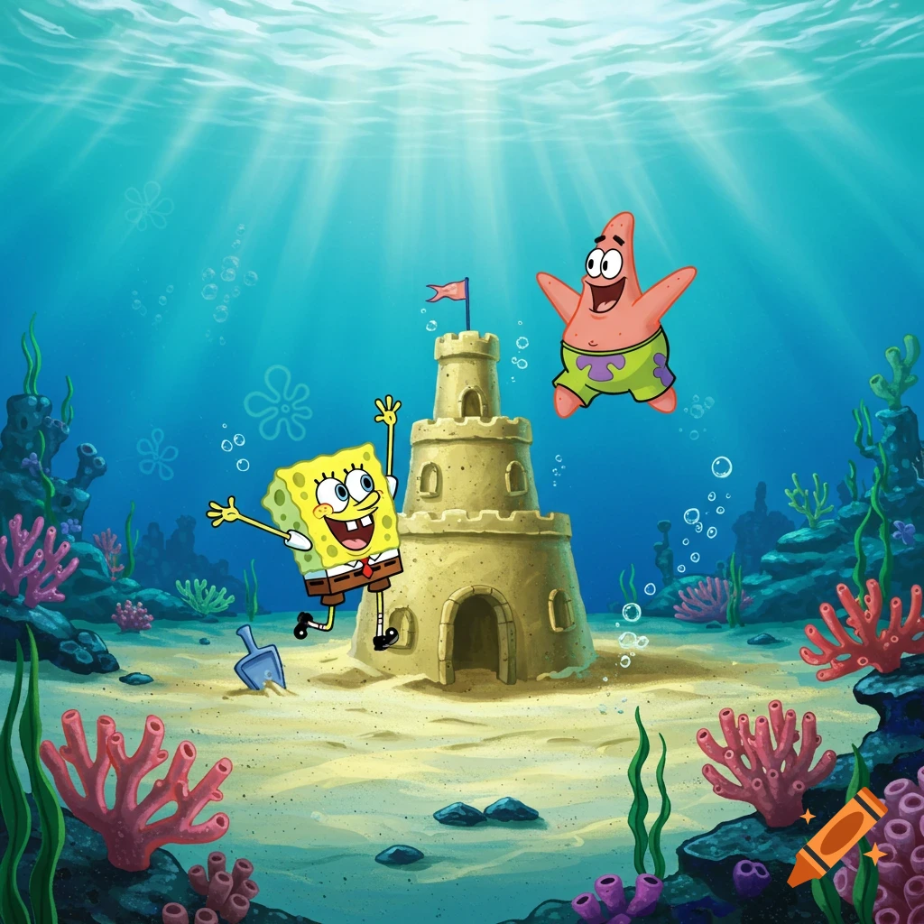 Spongebob Squarepants and Patrick Star play by a sandcastle underwater. on Craiyon