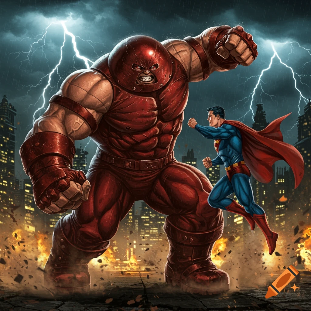 Juggernaut and Superman battle fiercely in a stormy city, lightning ...