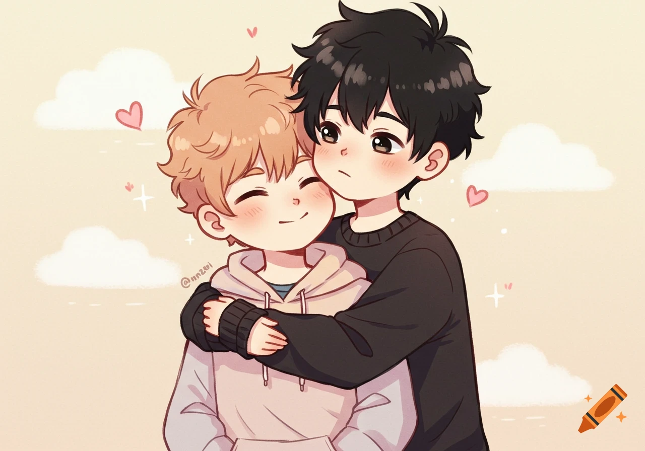 Chibi anime illustration of two boys hugging, one with light orange ...