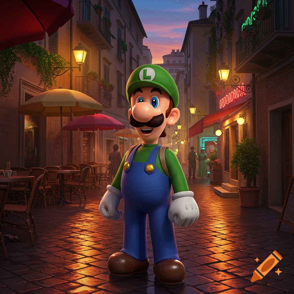 Luigi stands in a vibrant, illuminated cobblestone street lined with ...