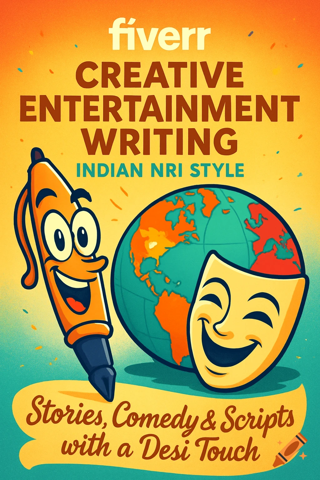 Vibrant Fiverr gig image with a cartoon pen, globe, and comedy mask ...