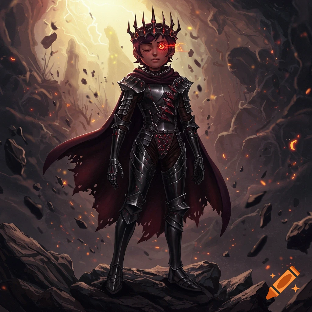 A young character in dark, spiky armor, a ragged red cape, and a jagged ...