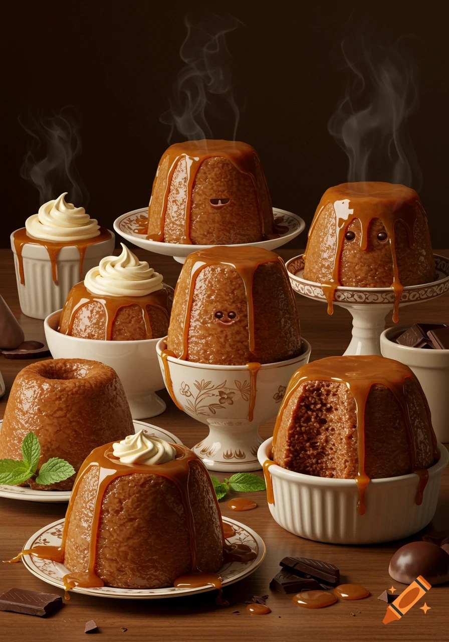 Several steaming brown puddings topped with caramel sauce and whipped ...