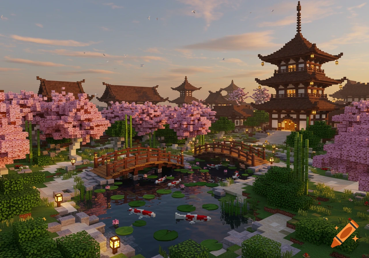 Minecraft-style Japanese garden with traditional pagodas, cherry ...