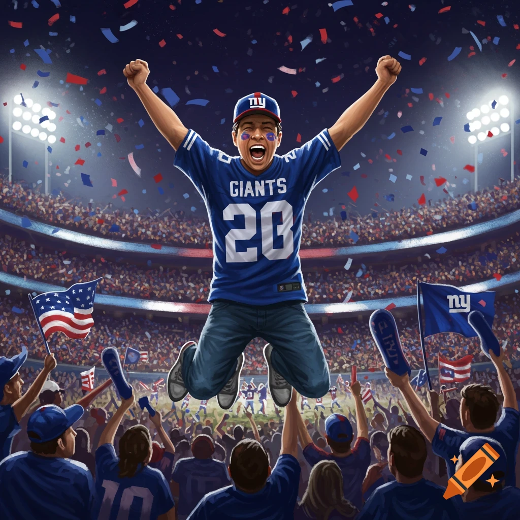 A jubilant New York Giants fan in a blue jersey with "GIANTS" and "20 ...