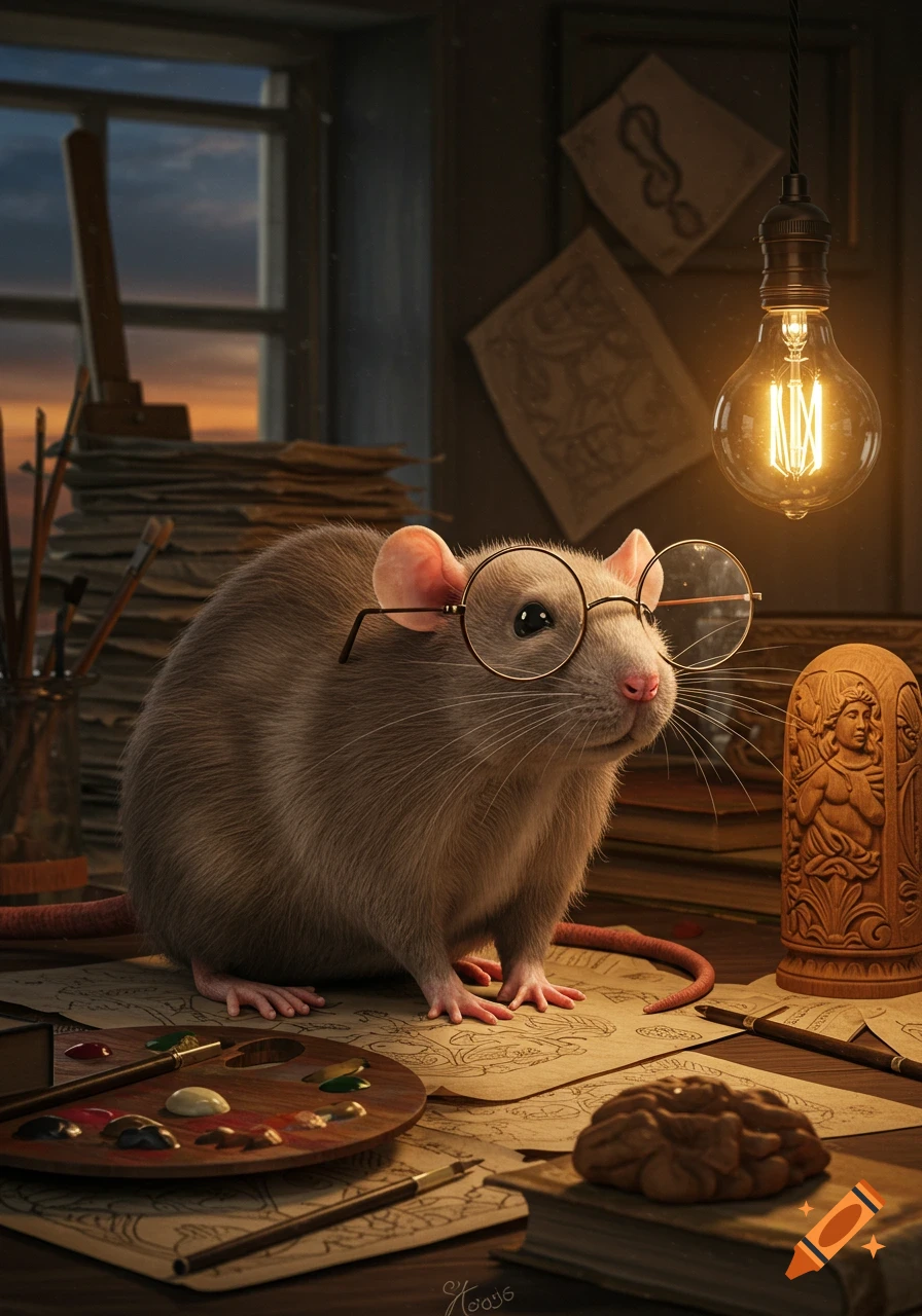 A photorealistic rat wearing round glasses sits at a desk with a paint ...