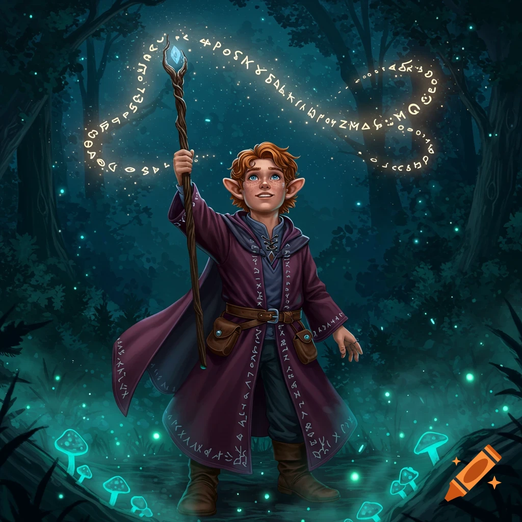 A young male halfling wizard with a staff casting a glowing spell in a dark, magical forest with ...