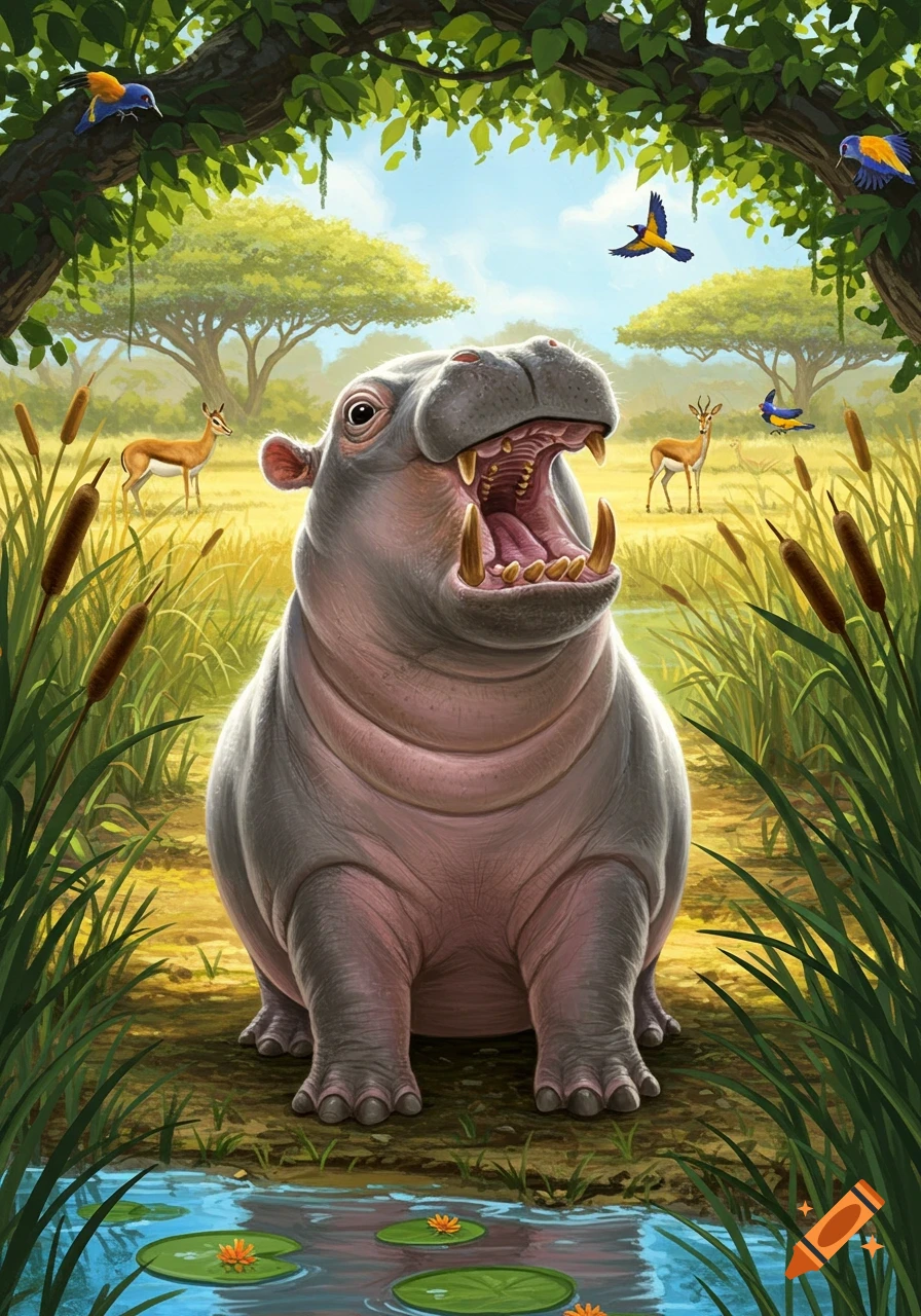 A cartoon baby hippo with its mouth open, sitting by a pond with lily ...