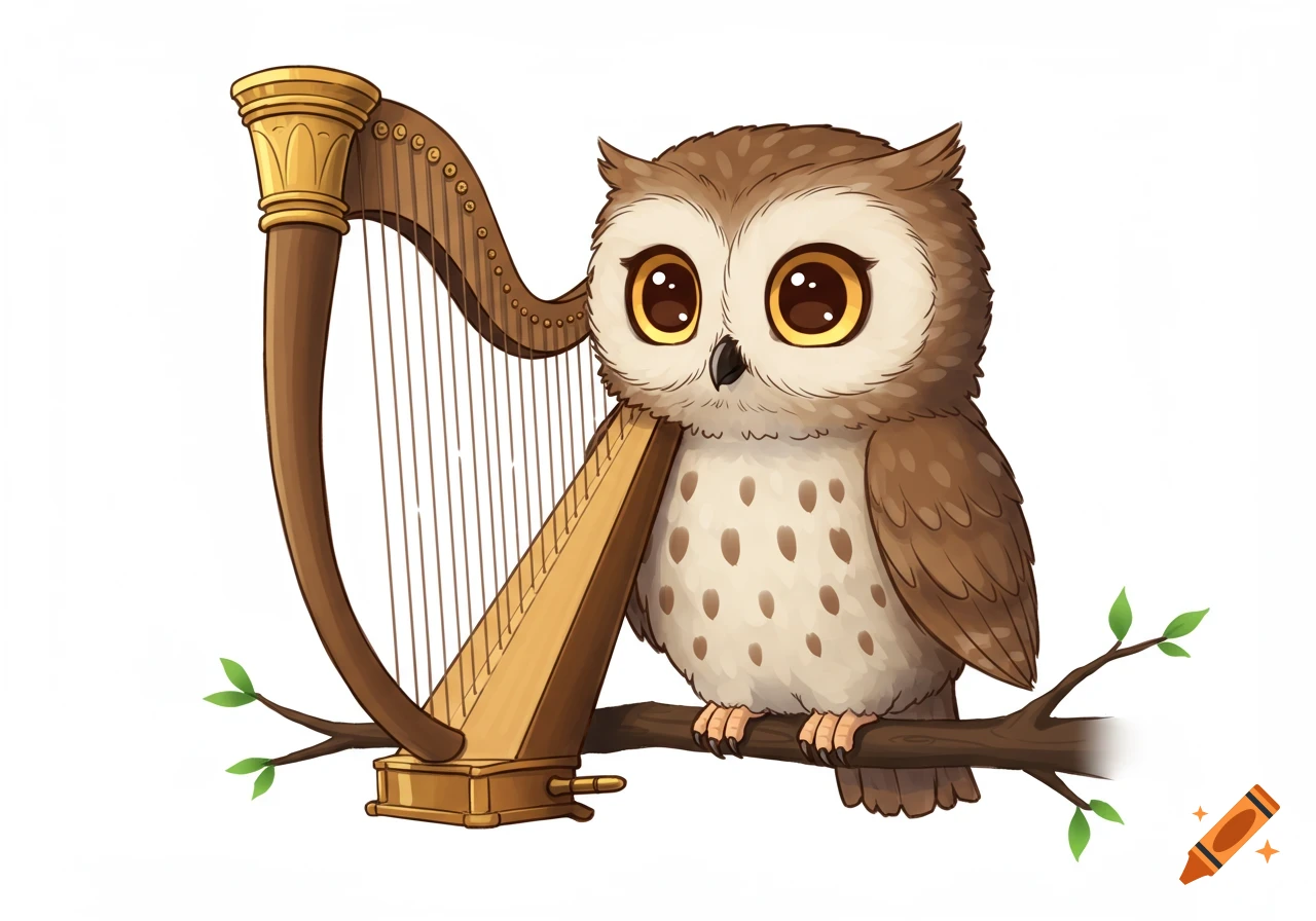 A cute cartoon owl with big eyes sits on a tree branch next to a golden ...
