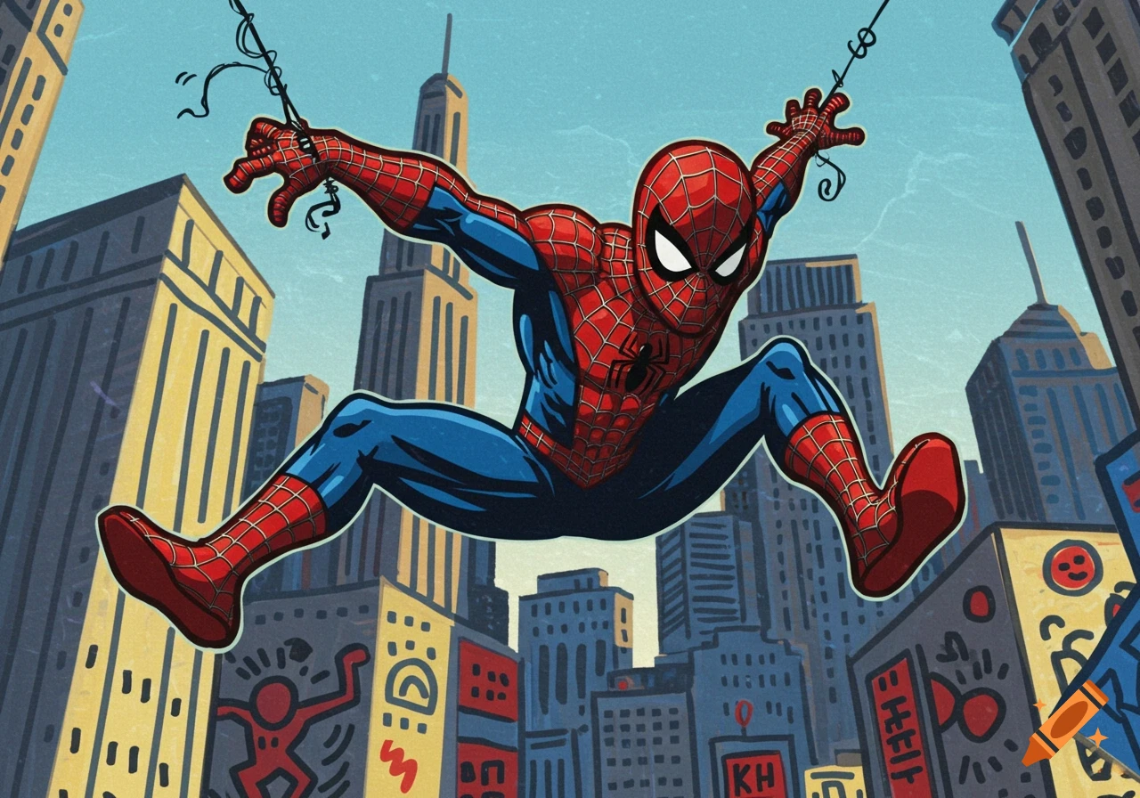Spider-Man swings through a city in a vibrant Keith Haring-inspired ...