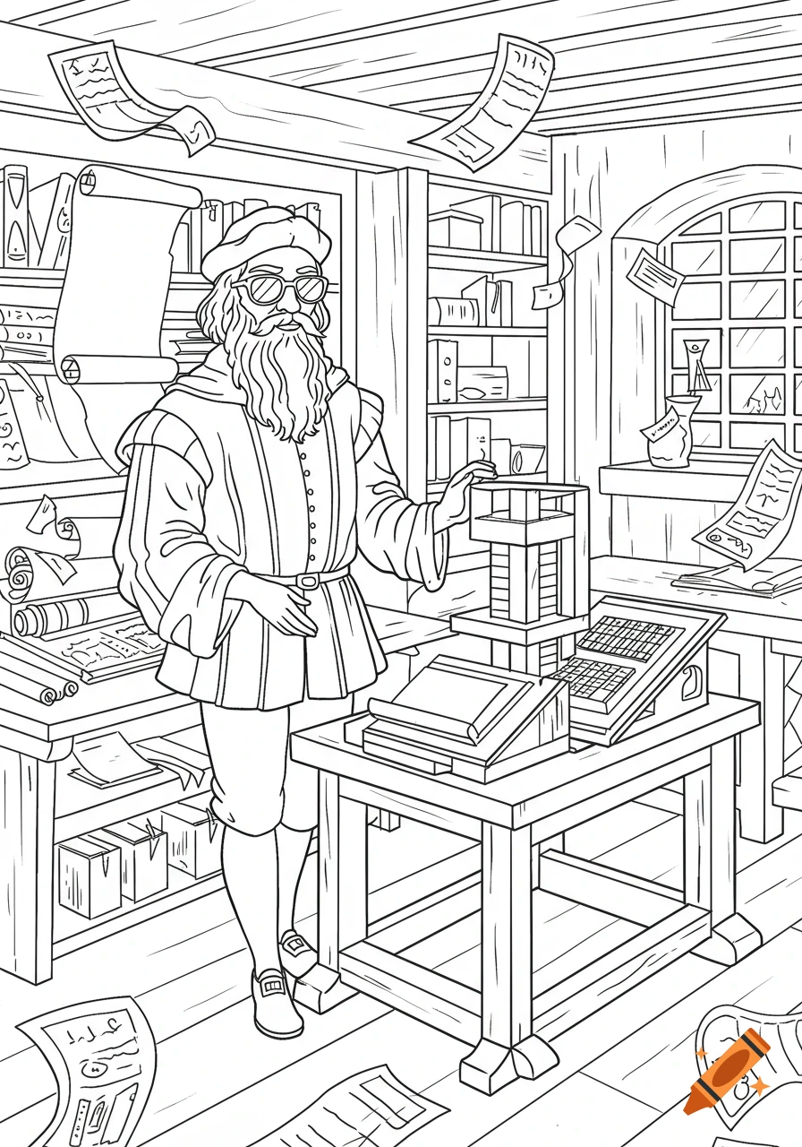 Coloring page of Johannes Gutenberg wearing sunglasses next to a ...