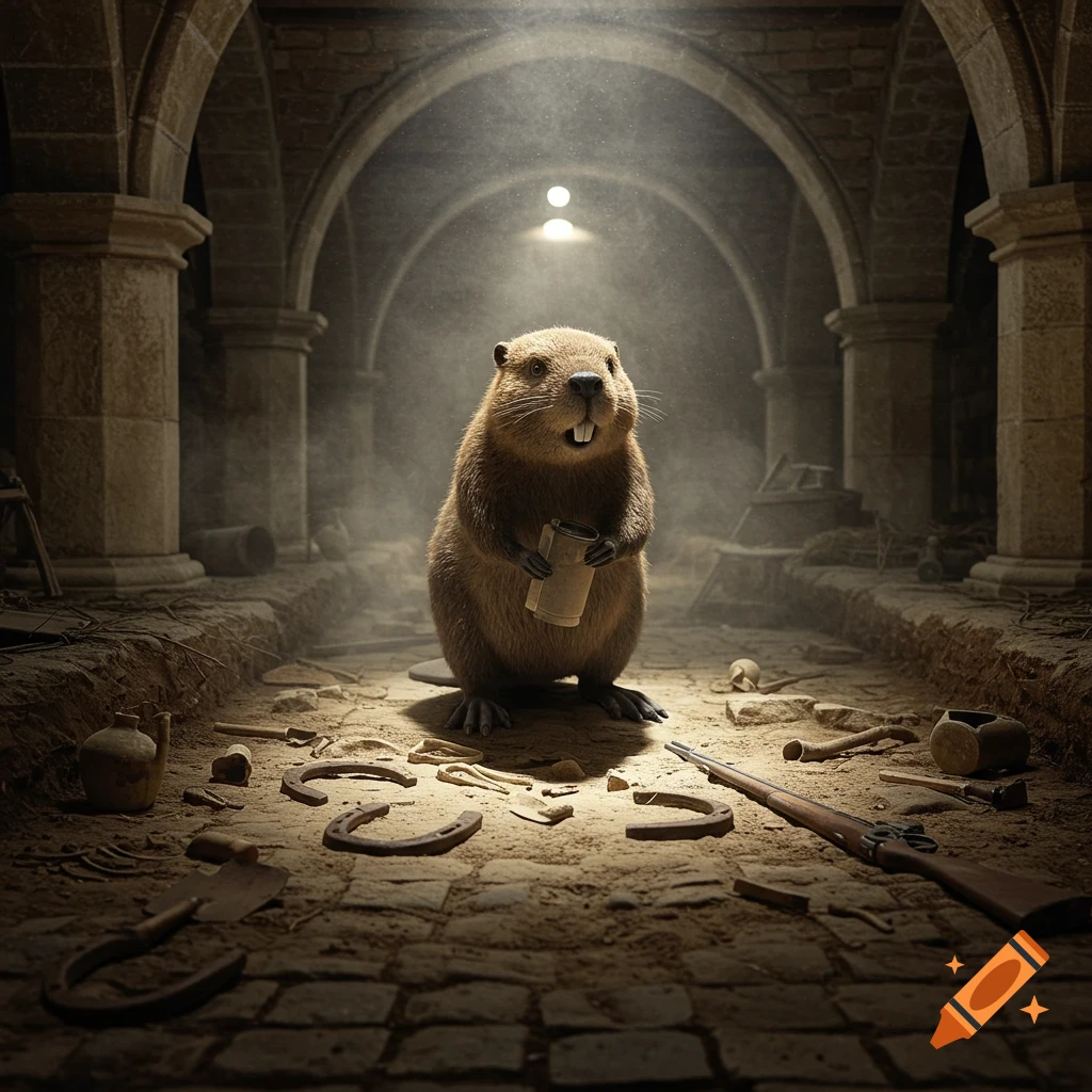 A cinematic photo of an anthropomorphic beaver in a dusty monastery ...