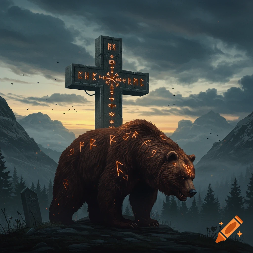 A large brown bear with glowing Norse runes on its fur stands before a ...
