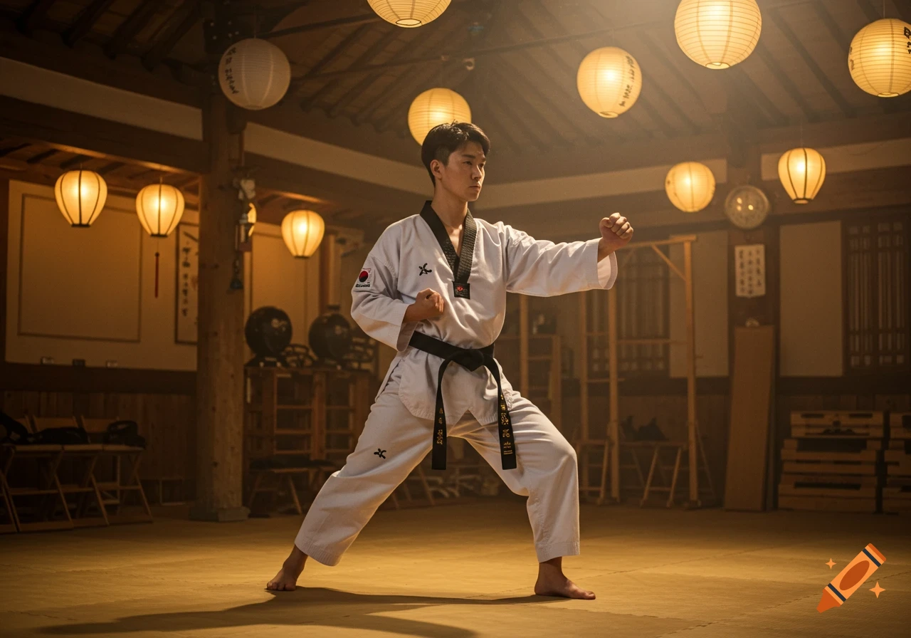 A man in a white Taekwondo uniform with a black belt strikes a pose in ...