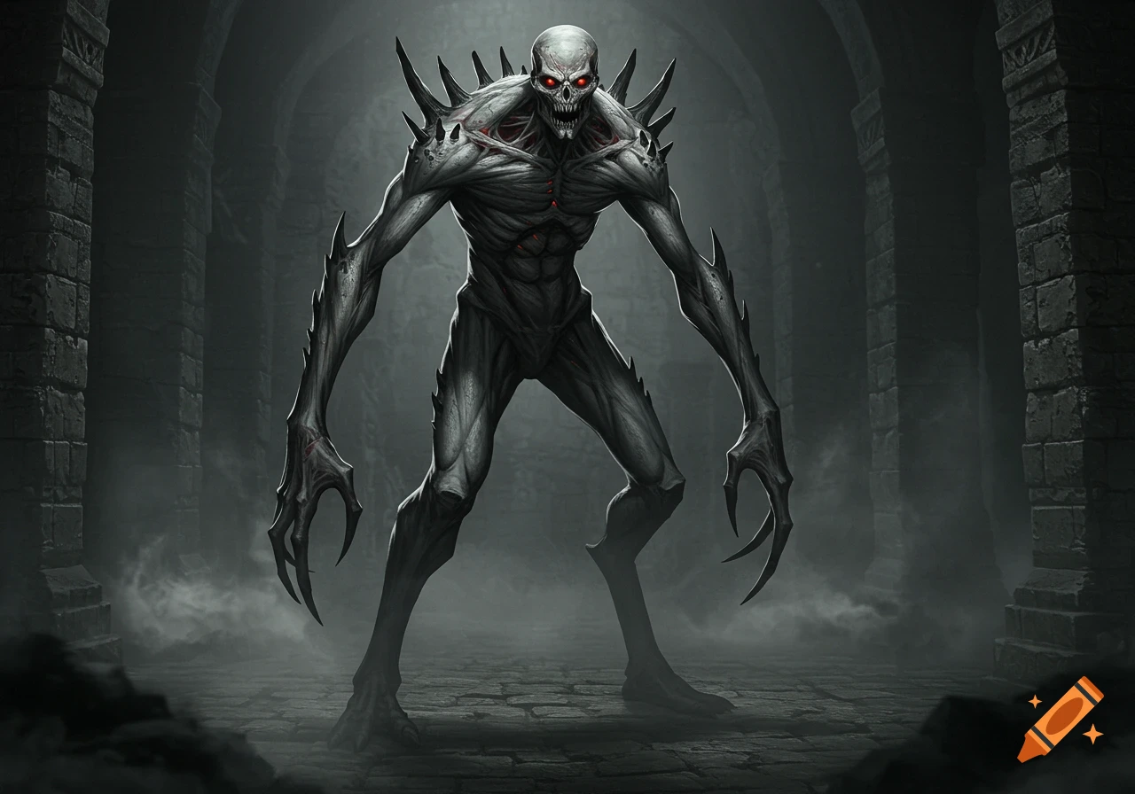 A skeletal monster with glowing red eyes, sharp claws, and spikes ...