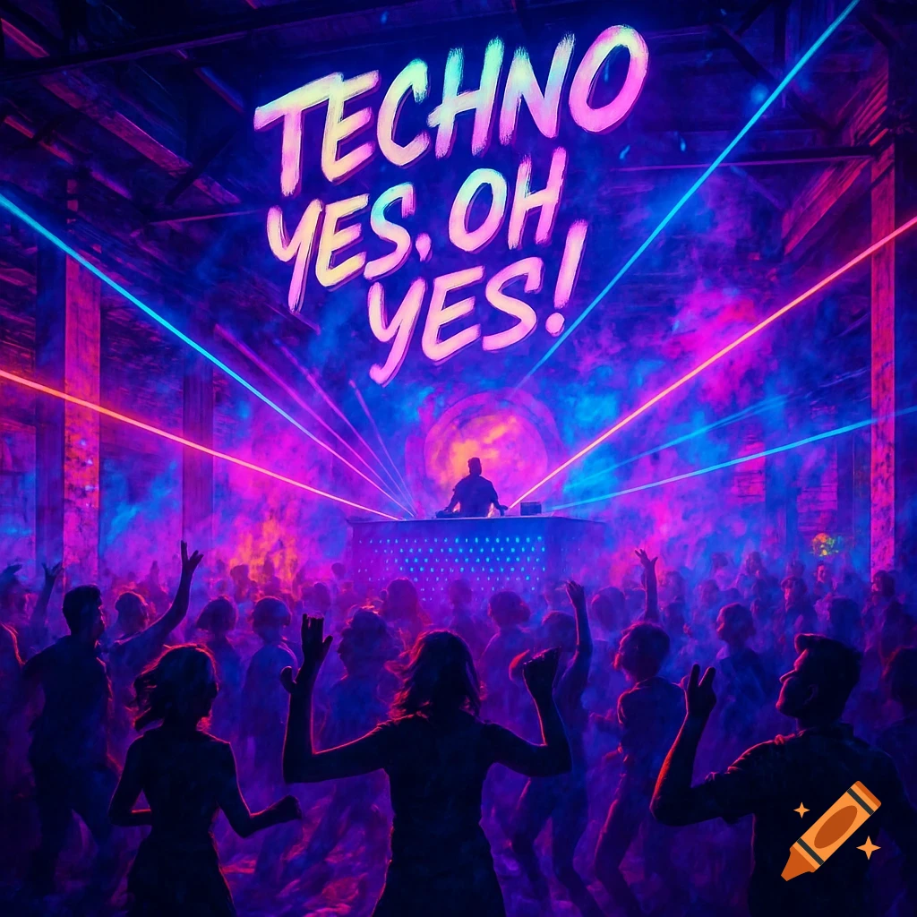 A techno warehouse party with a DJ on stage under a neon sign that ...