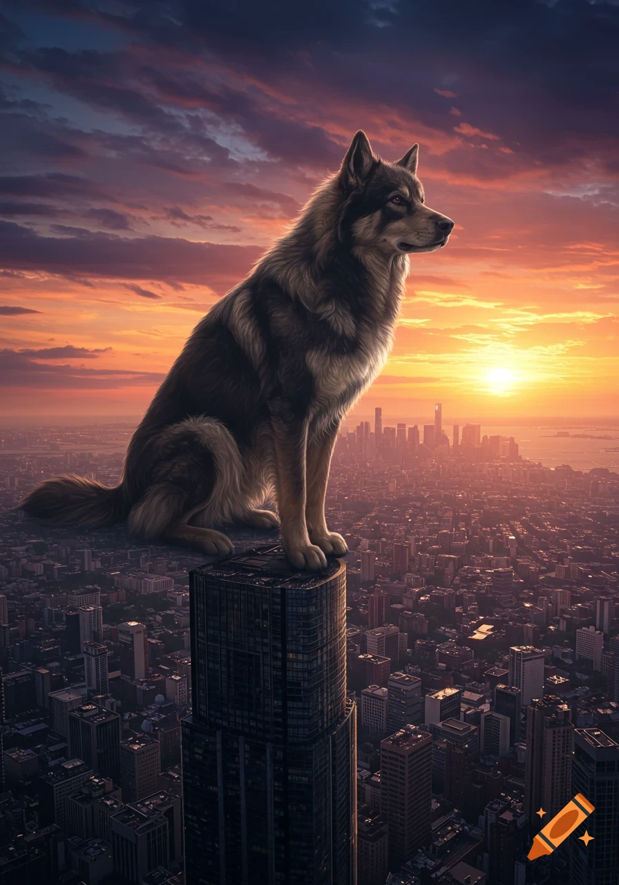 A giant wolf sits atop a tall skyscraper overlooking a vast city at ...