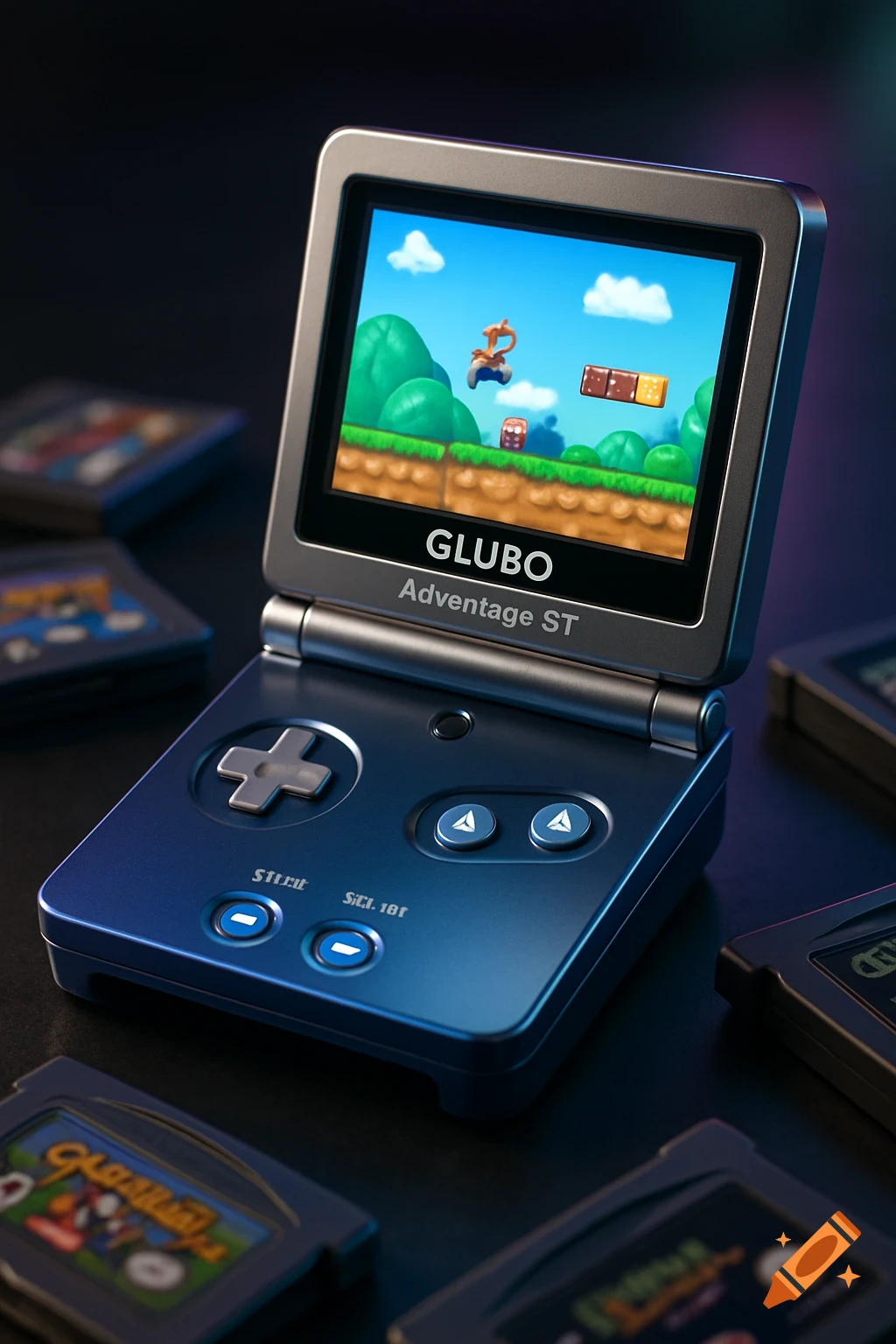 A photorealistic GLUBO Advantage ST handheld game console with a game ...