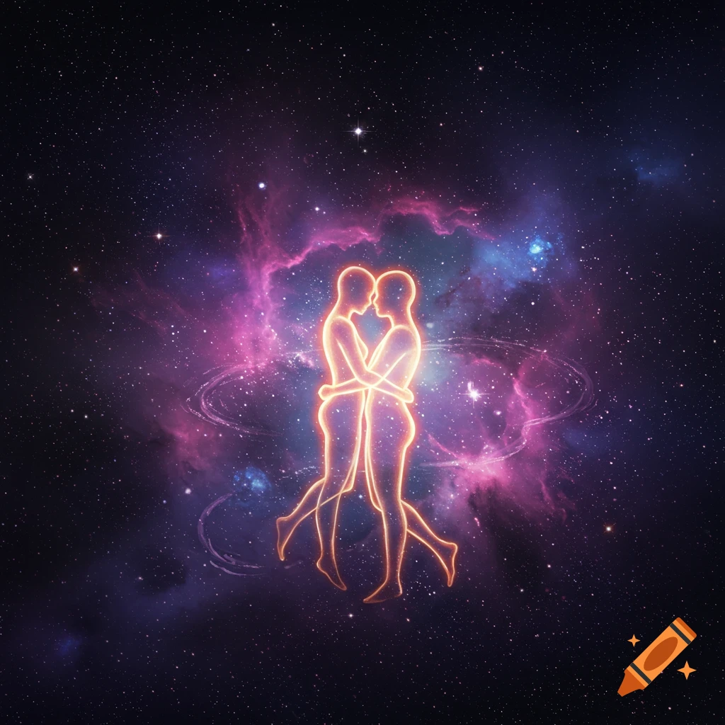 Two glowing, stylized humanoid figures embrace in a vibrant cosmic ...