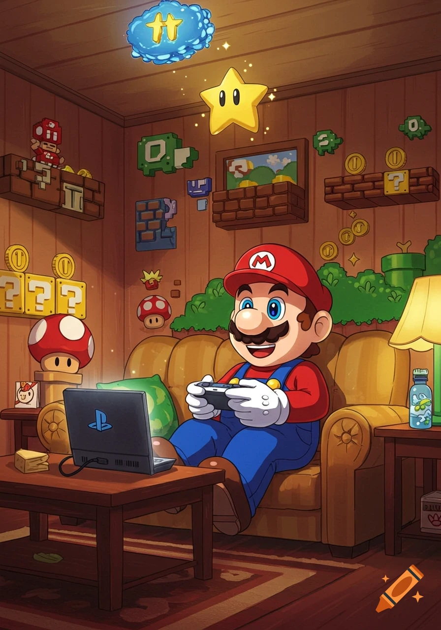 Cartoon illustration of Mario playing a video game on a laptop in a ...