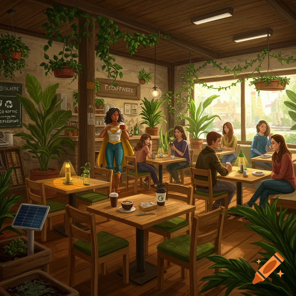 An illustrated eco-friendly coffee shop with customers, lush plants ...