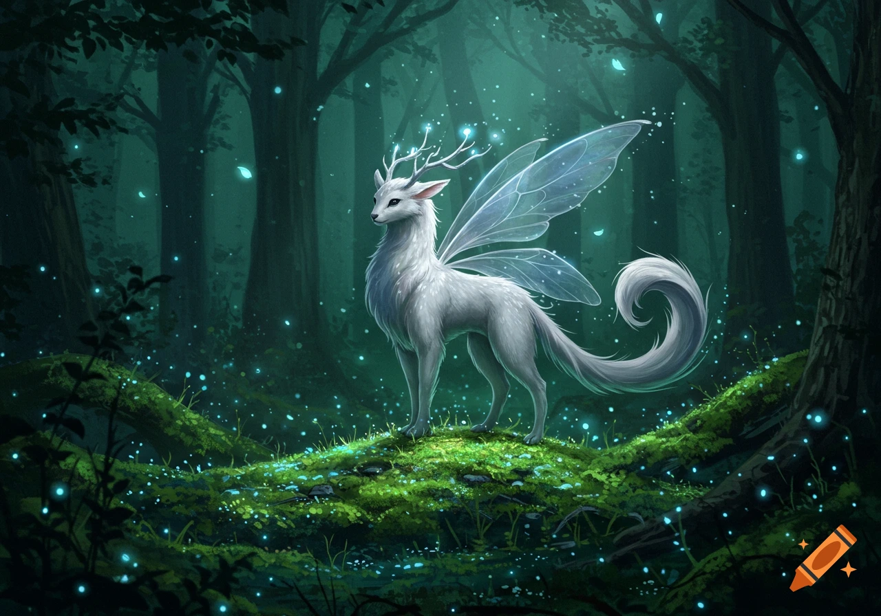 A majestic white deer-like creature with glowing antlers and delicate ...