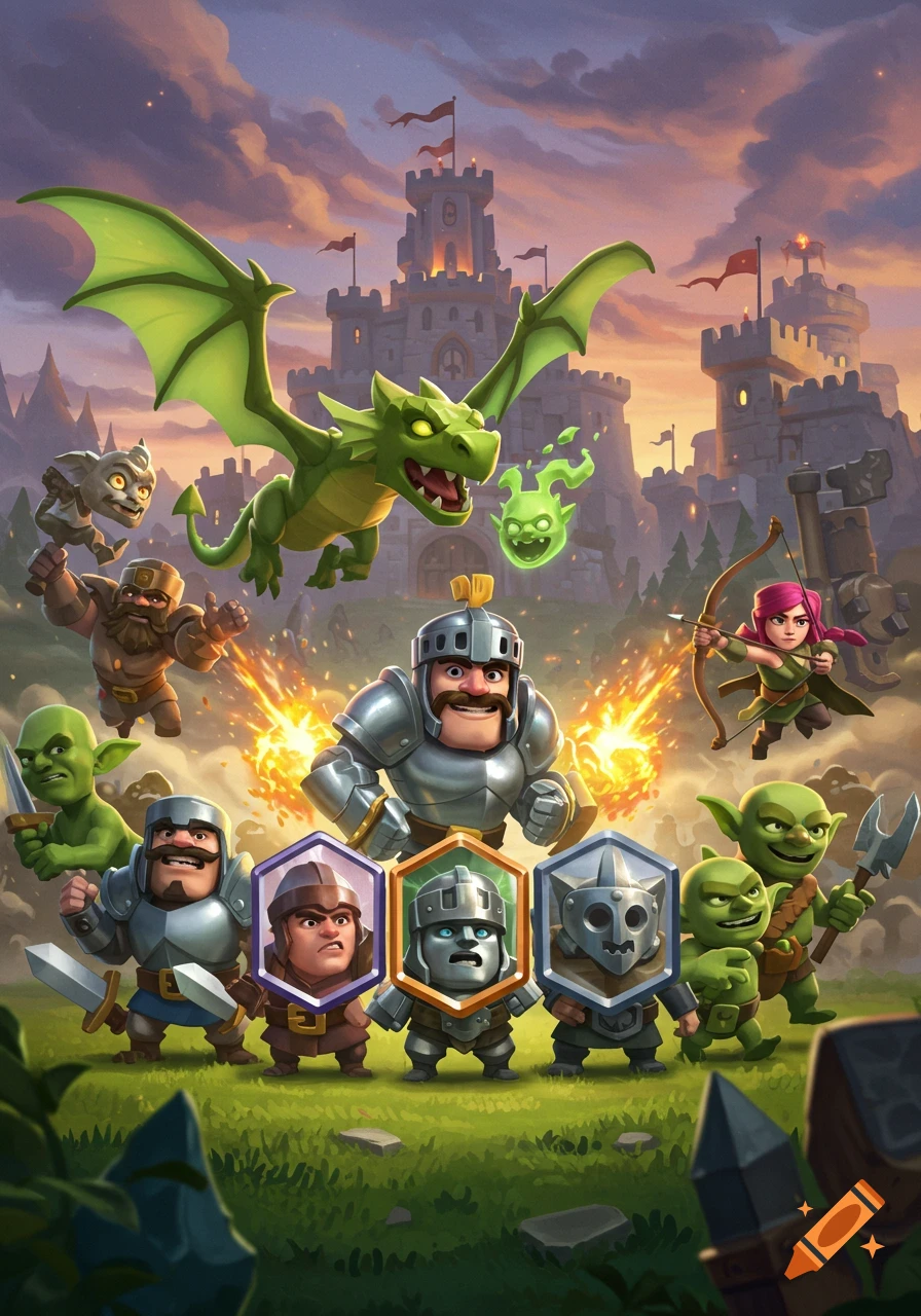 Cartoon fantasy characters including knights, goblins, a dragon, and an ...