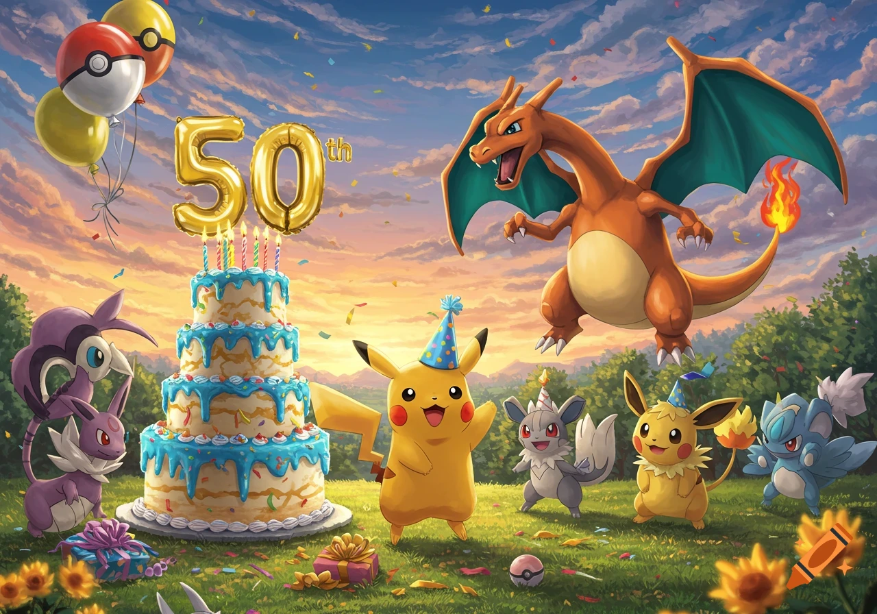 Pikachu and other Pokemon celebrate a 50th birthday with a large tiered ...