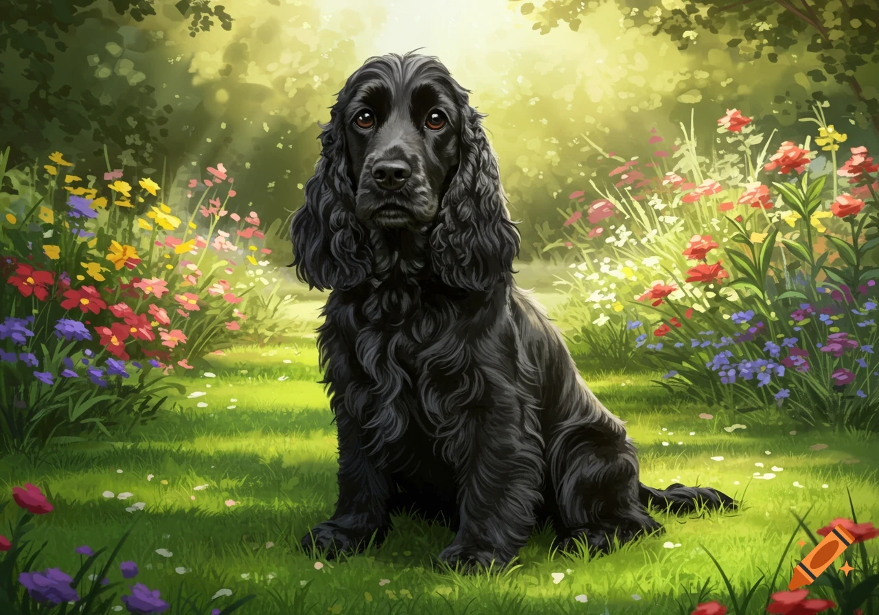 A black Cocker Spaniel dog sits in a vibrant flower garden with green ...