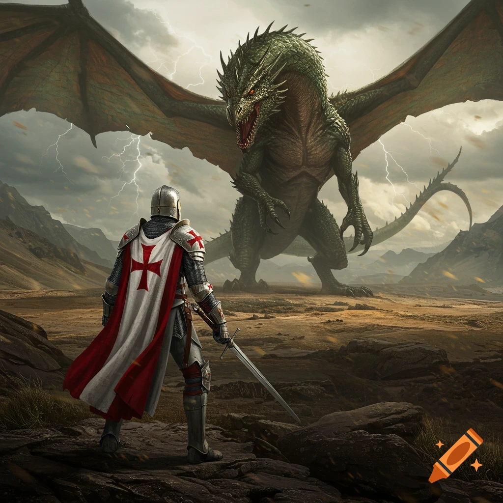 A photorealistic image of a Templar knight facing a large green dragon ...