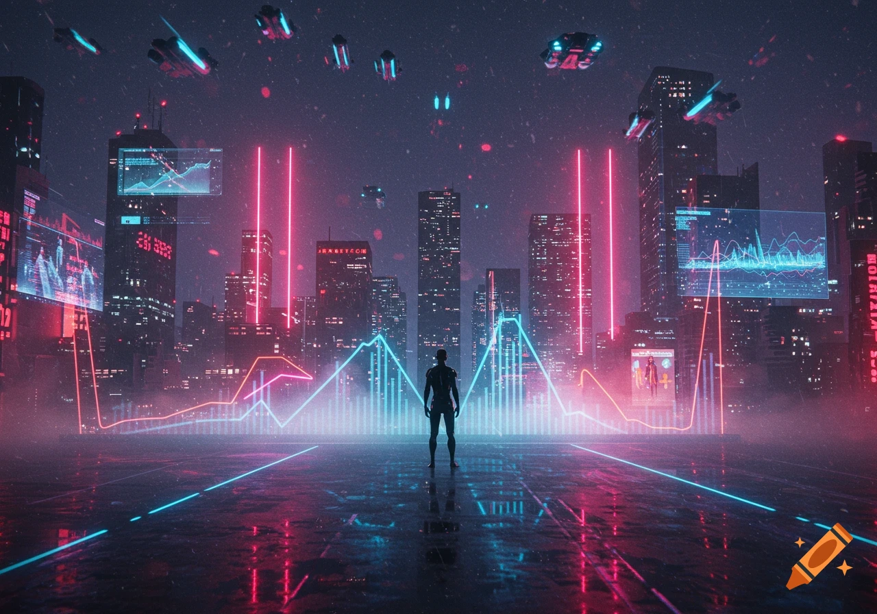 A lone figure stands in a neon-lit cyberpunk city at night, with data ...