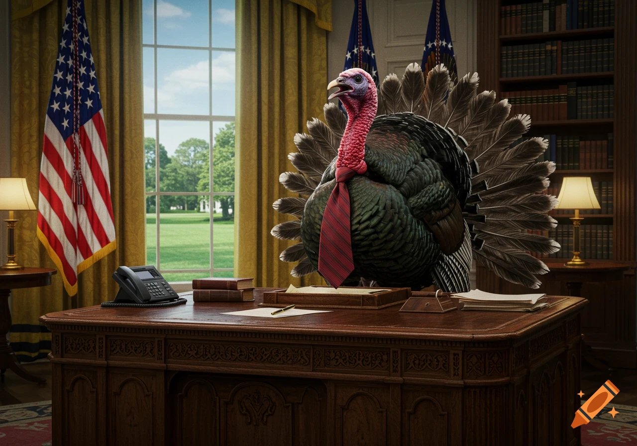 A photorealistic turkey in a red tie stands behind the desk in the Oval ...