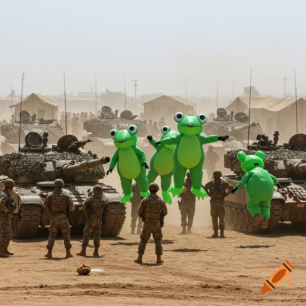 Green frog inflatable costumes jump in the air in front of military ...