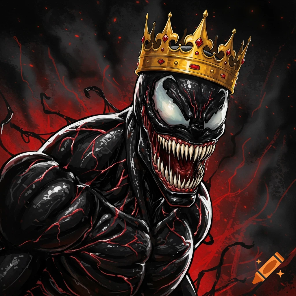 An angry Marvel's Venom, with black and red details, wearing a golden ...