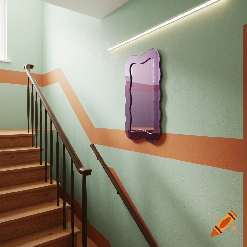 A retro-inspired staircase hallway with pastel green walls, orange ...