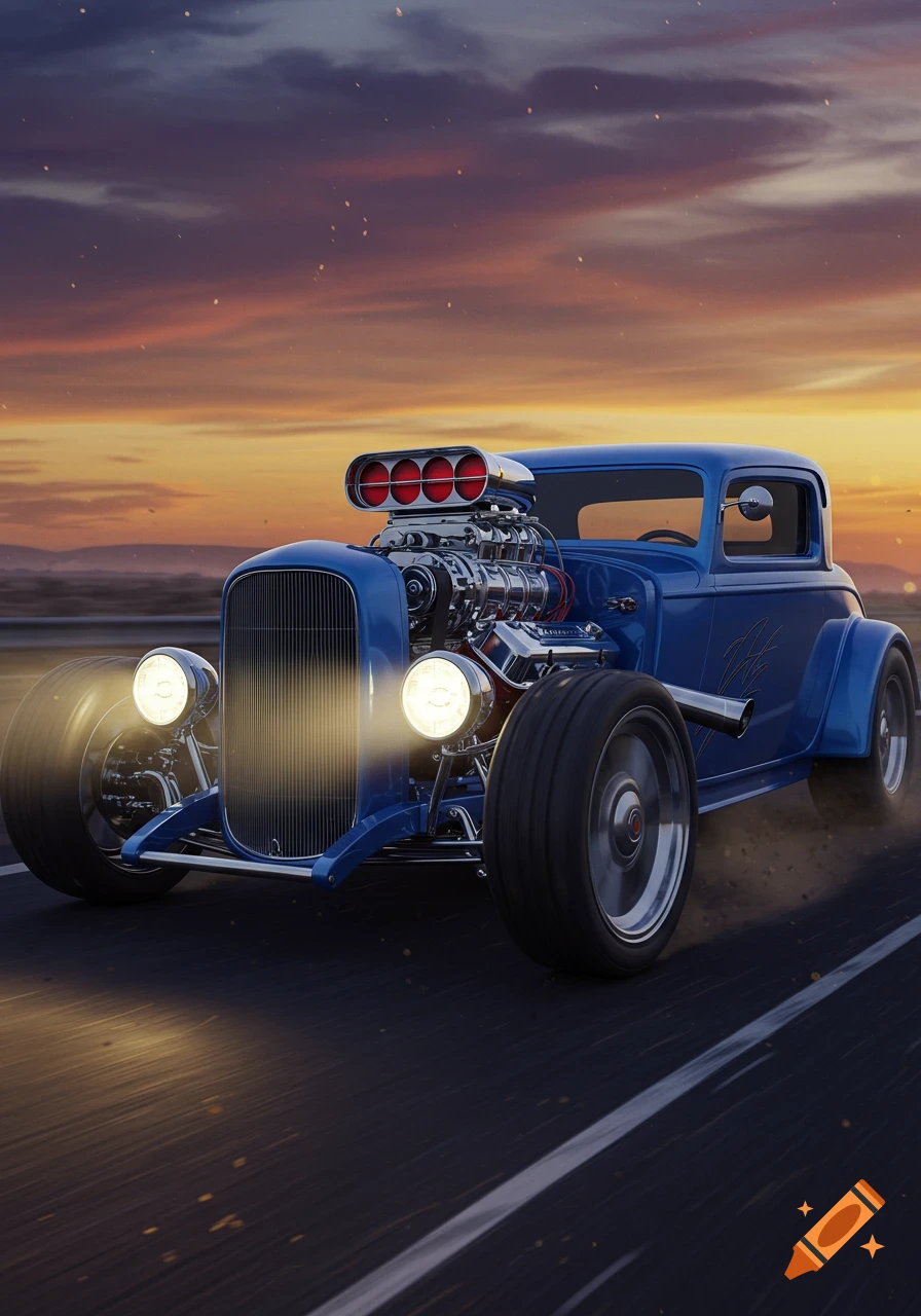 A voodoo blue 1930s style hot rod with a prominent supercharger on the ...