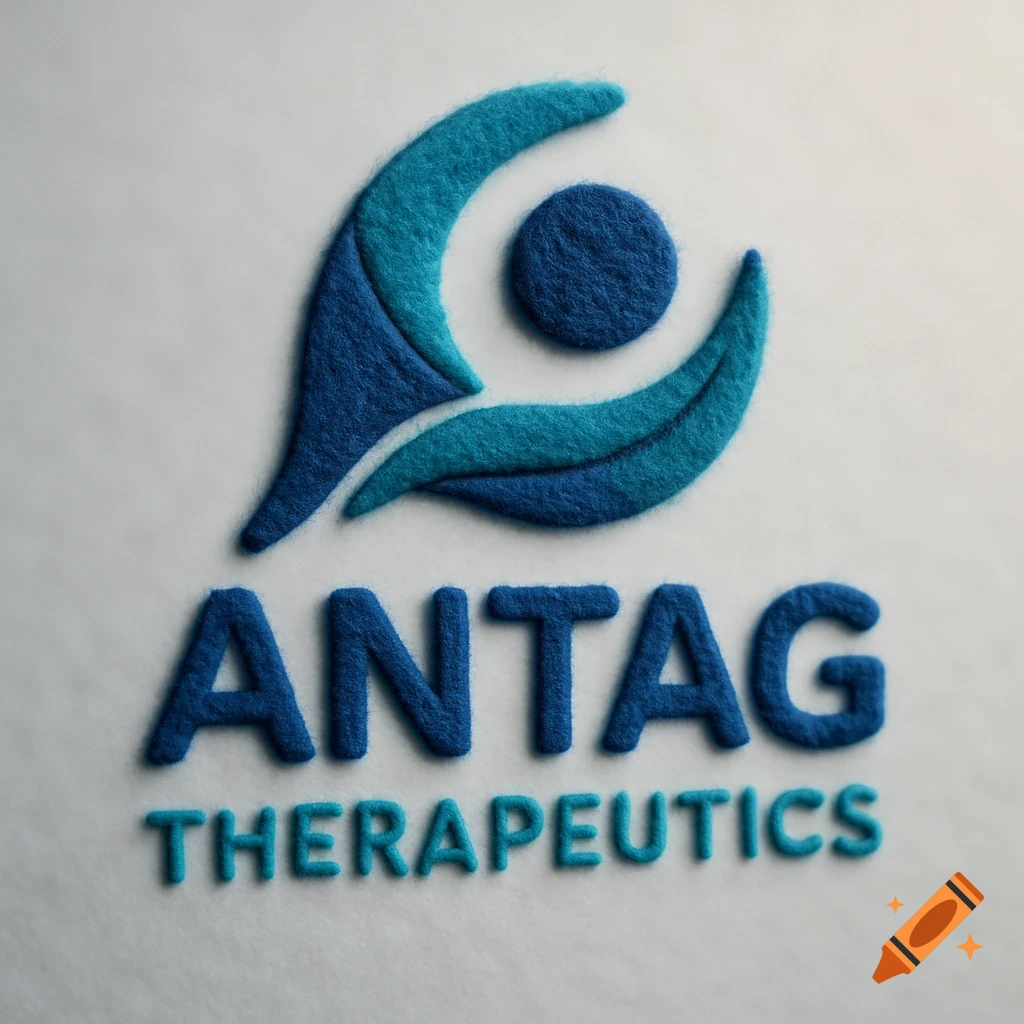 Blue felt Antag Therapeutics logo with a stylized abstract icon and ...