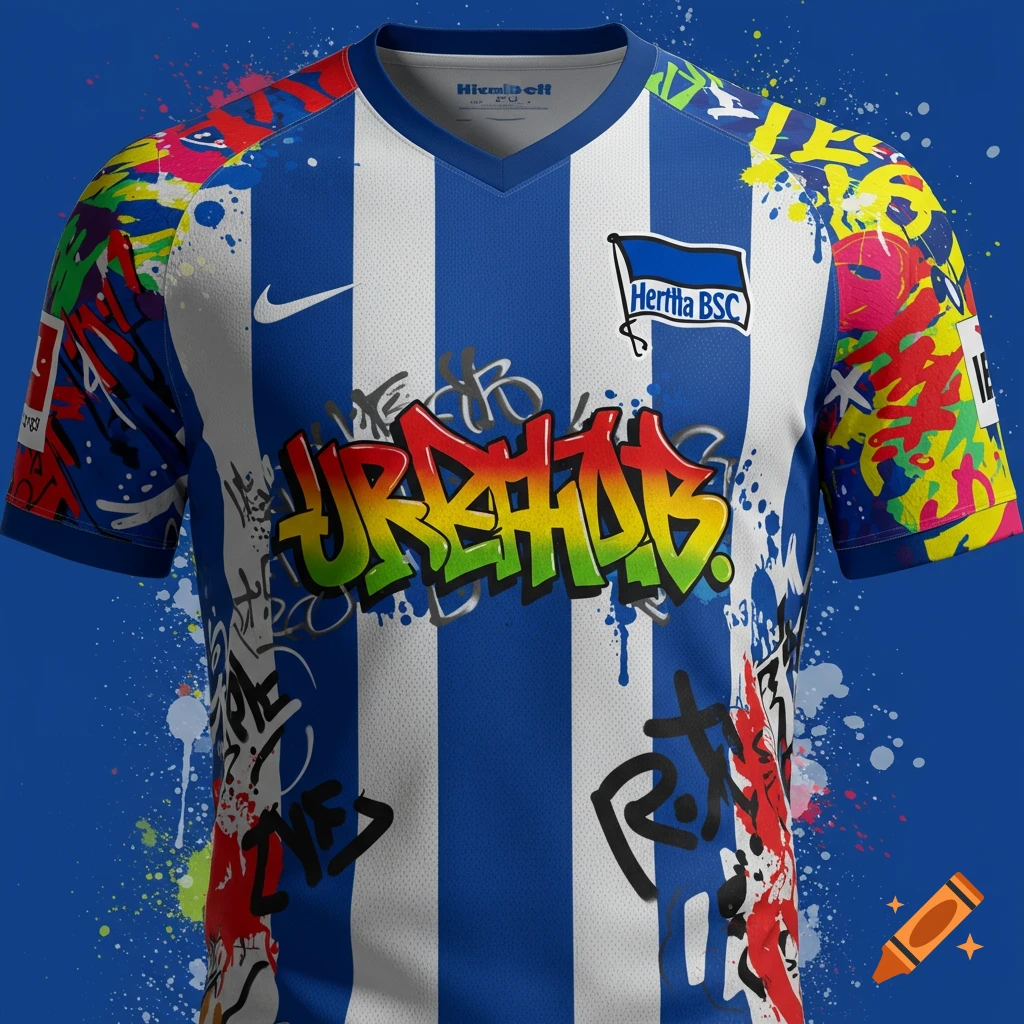 A blue and white striped Hertha BSC soccer jersey with colorful ...