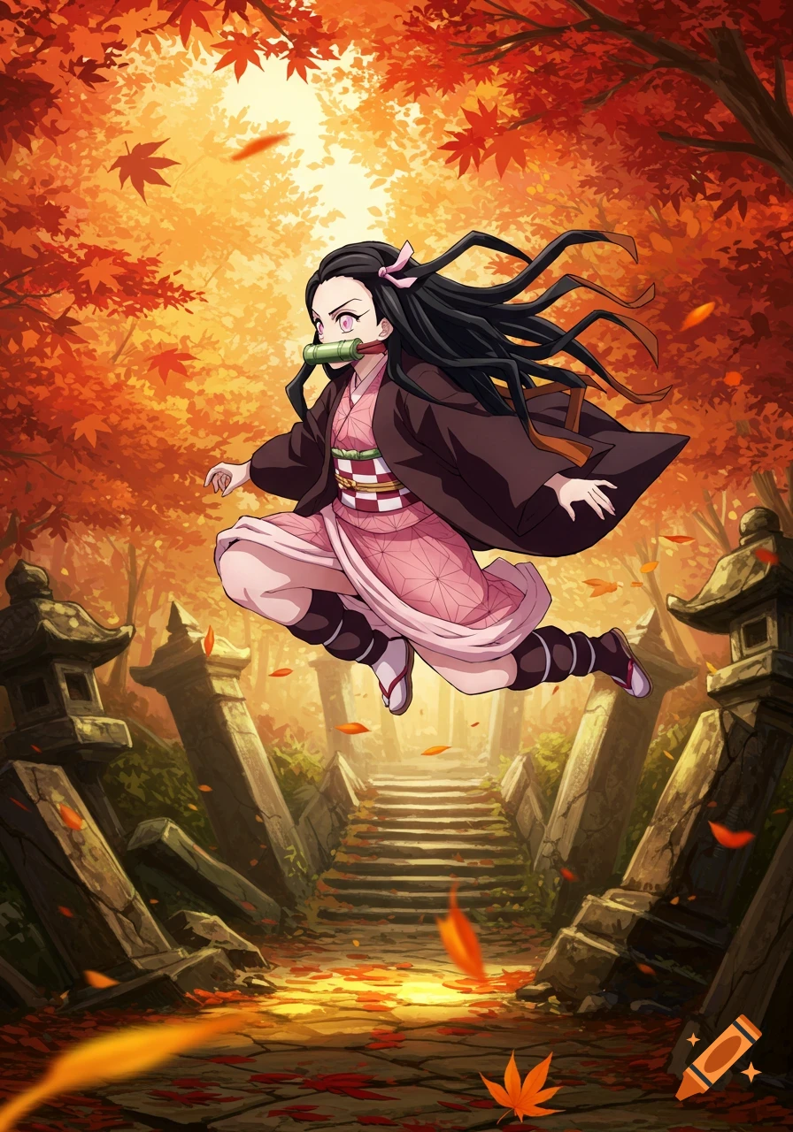 Anime illustration of Nezuko from Demon Slayer jumping in an action ...