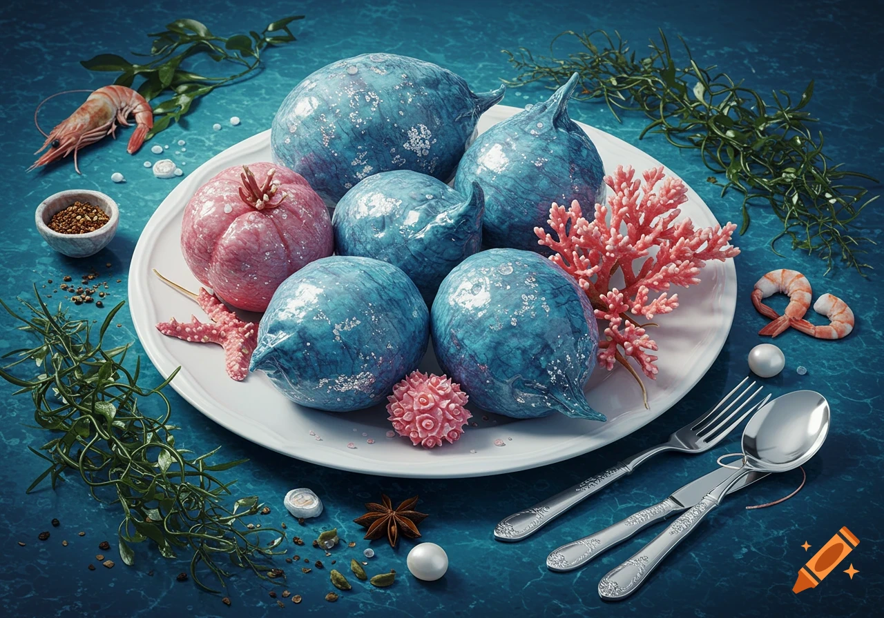 A fancy white plate holds blue and pink fictional ocean fruits ...