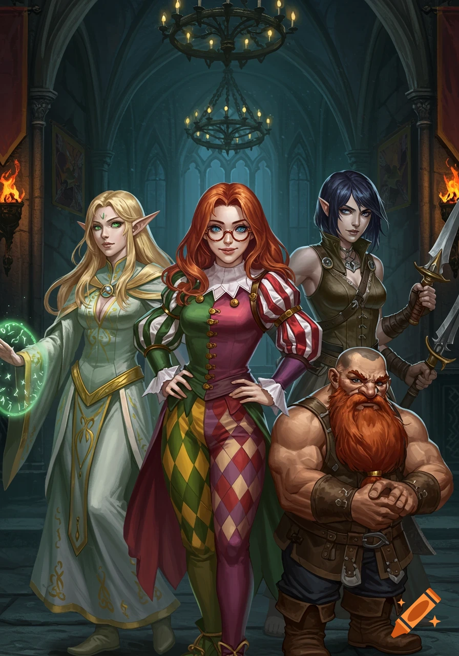Four diverse fantasy characters, including an elf, a jester, a dark elf ...