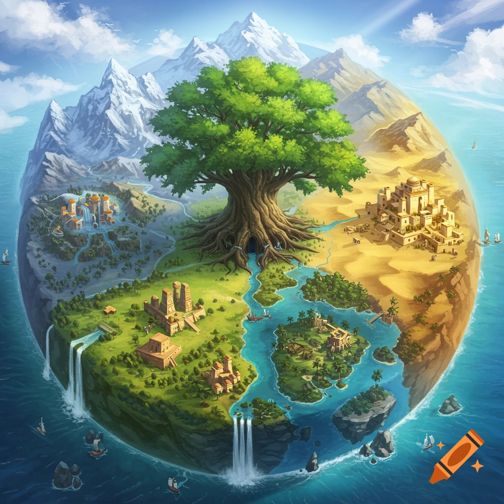 A vibrant fantasy illustration of a circular world with a large central ...