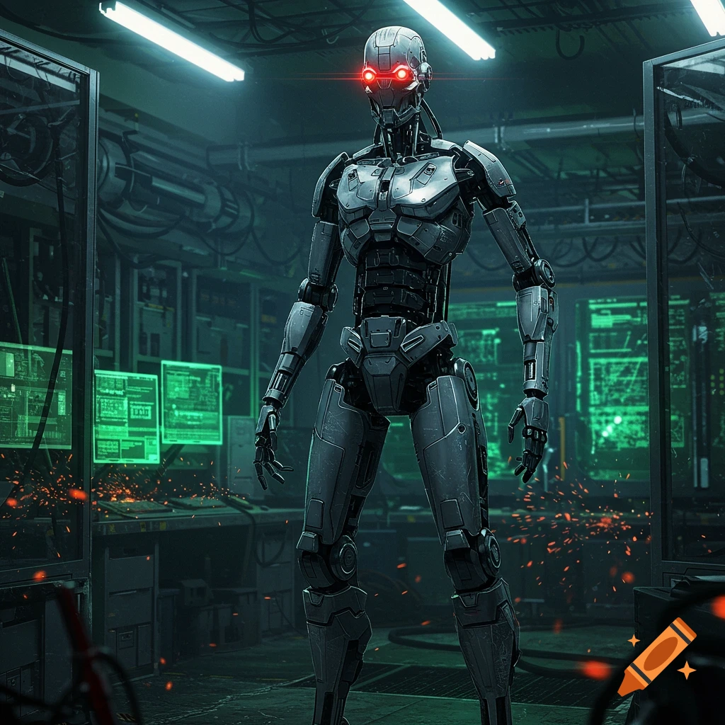 A menacing chrome-plated humanoid robot with glowing red eyes stands in ...