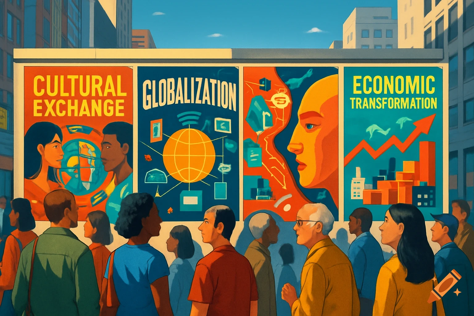 A crowd of people viewing a large billboard with four panels depicting ...