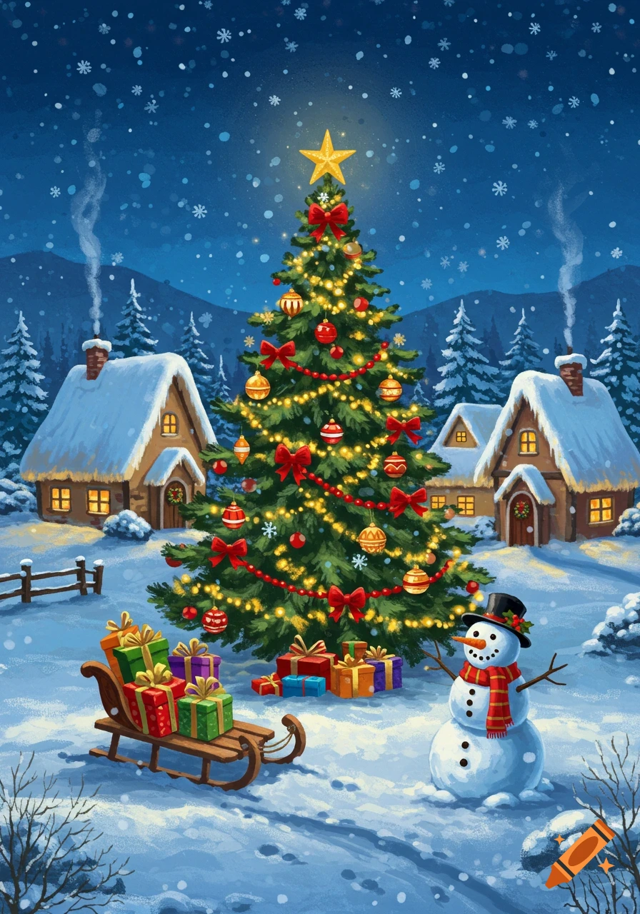 An illustrated snowy Christmas village scene with a large decorated ...