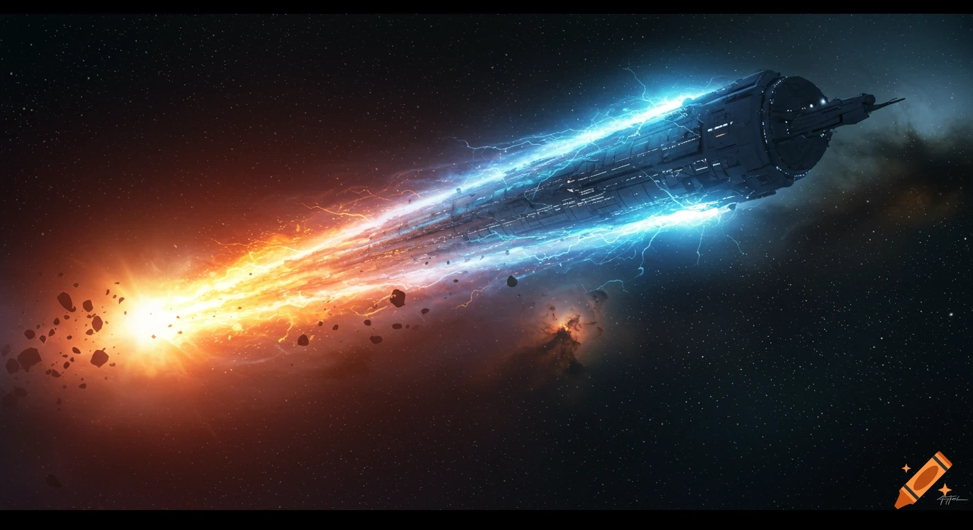 A large cylindrical spaceship with vibrant blue and orange energy ...